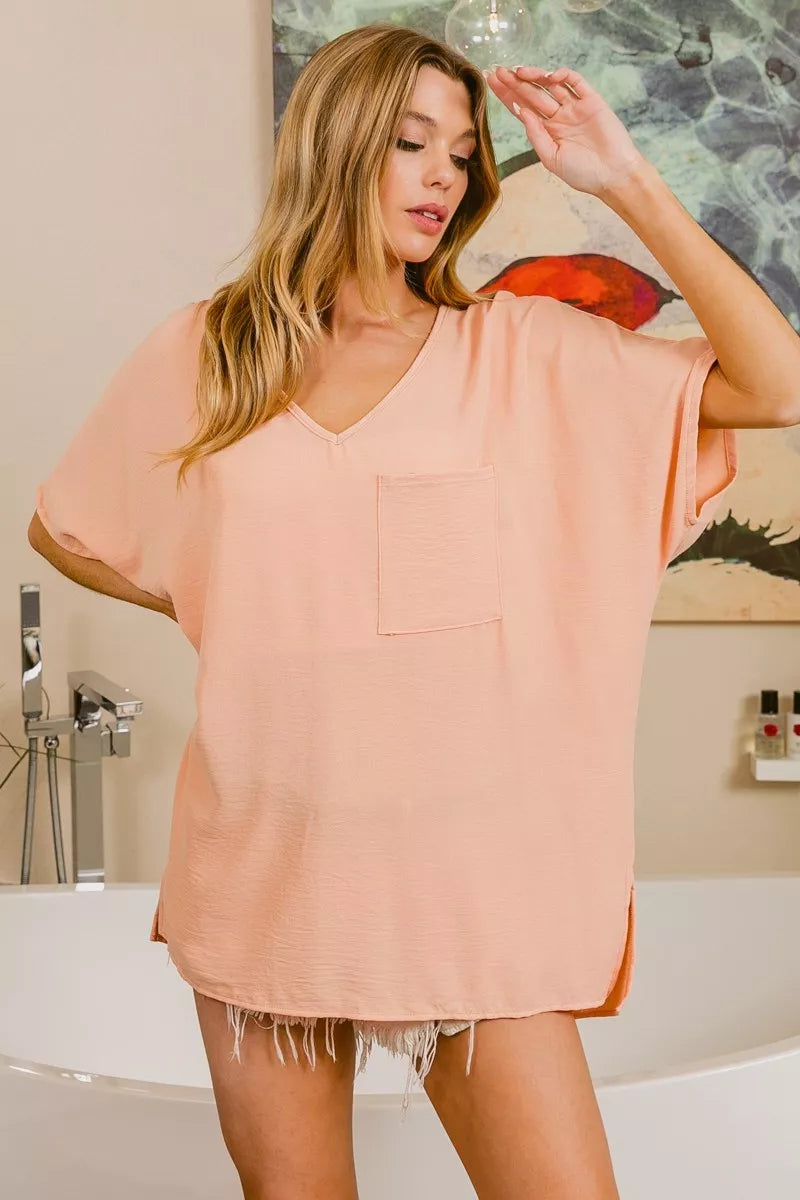 BiBi Woven V Neck Hi-low Boxy Top With Front Pocket – Charming Charlie