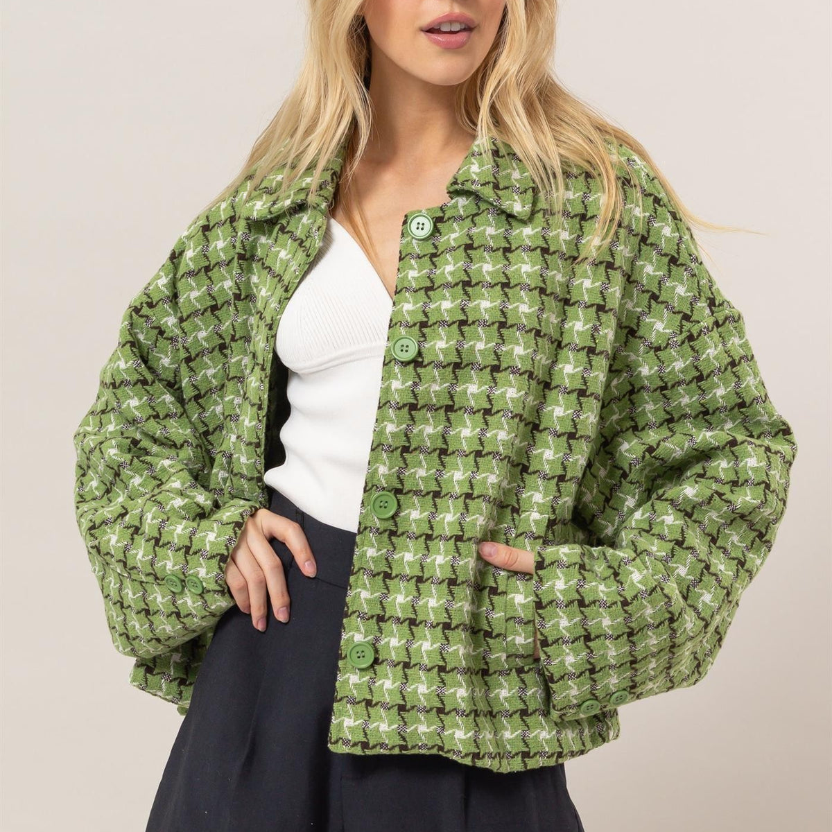 HYFVE Tweed Plaid Button Up Collared Neck Jacket – Charming Charlie