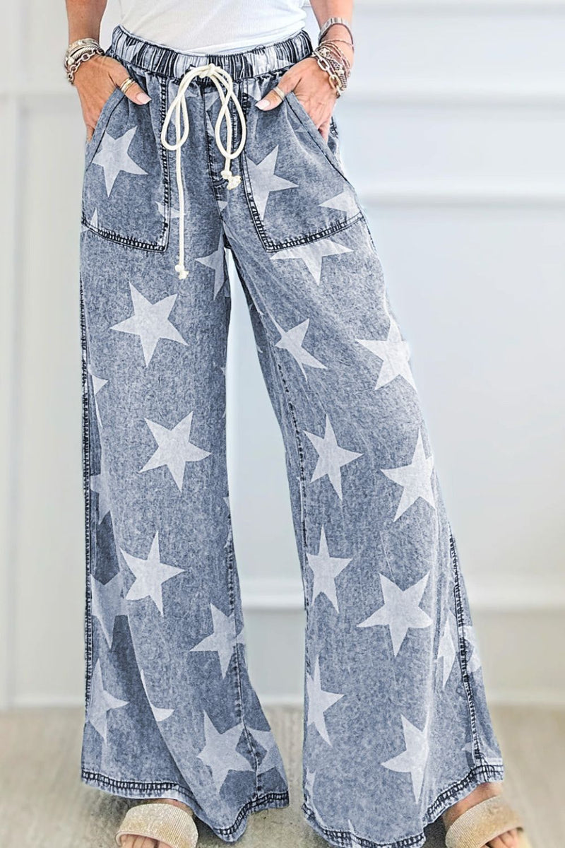 Star Print Washed Drawstring High Waist Wide Leg Jeans – Charming Charlie