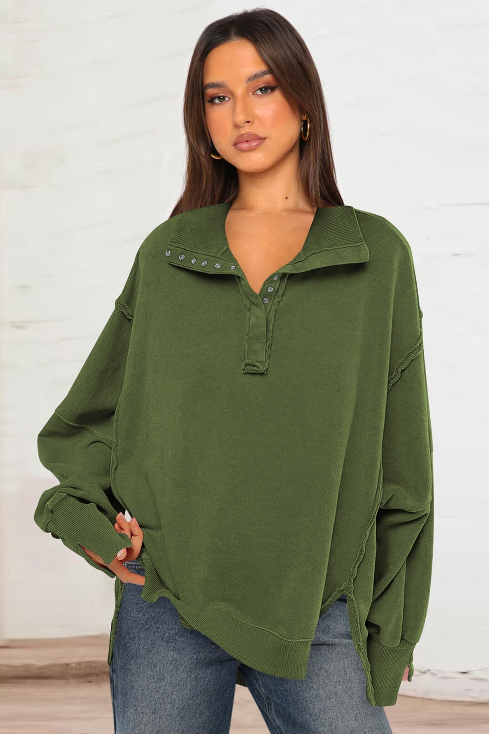 Exposed Seam Side Slit Long Sleeve Sweatshirt – Charming Charlie