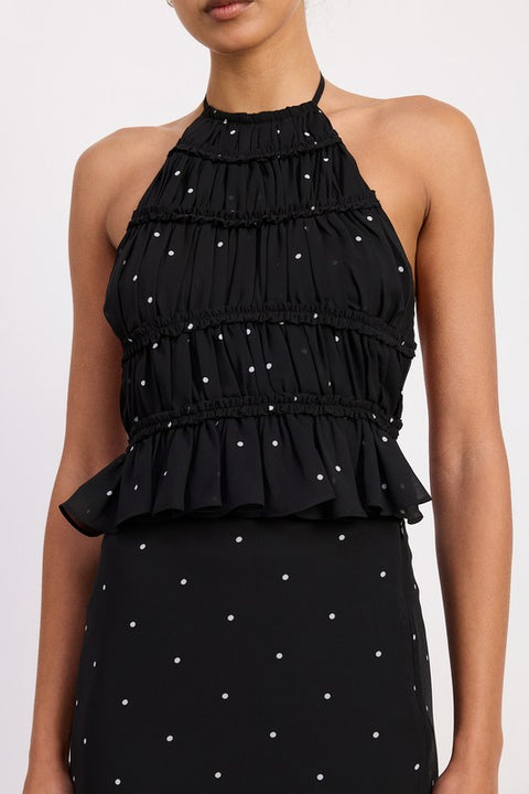 BACKLESS HALTERNECK RUFFLED TOP – Charming Charlie