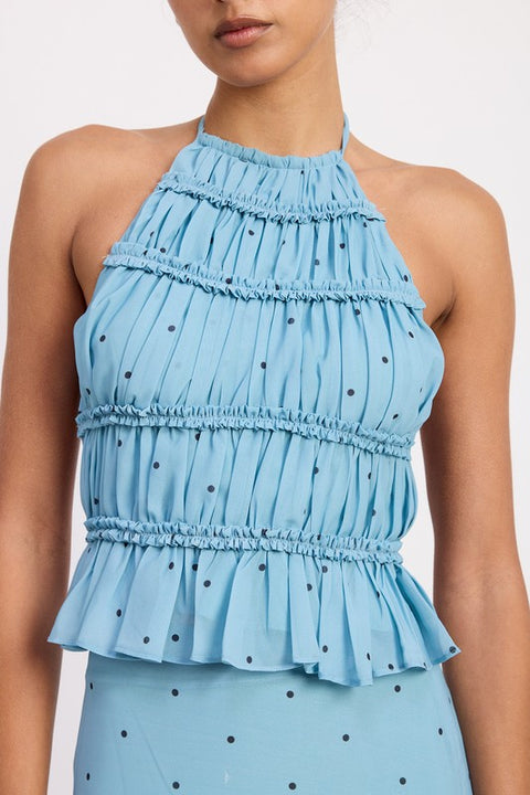 BACKLESS HALTERNECK RUFFLED TOP – Charming Charlie