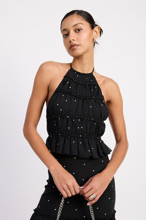 BACKLESS HALTERNECK RUFFLED TOP – Charming Charlie
