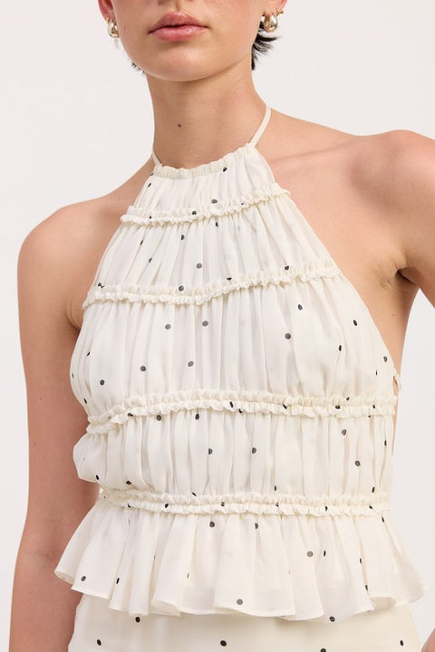 BACKLESS HALTERNECK RUFFLED TOP – Charming Charlie