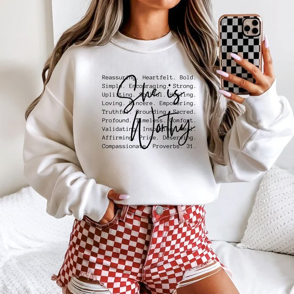 She is Worthy Words Front Graphic Sweatshirt – Charming Charlie