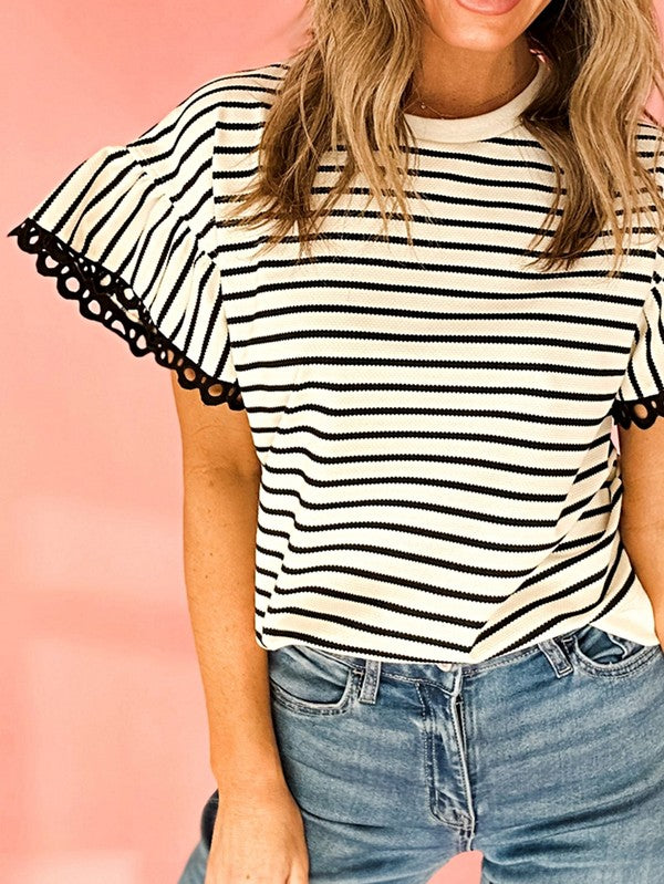 Cotton Stripe Scallop Lace Ruffle Sleeves Top – Charming Charlie