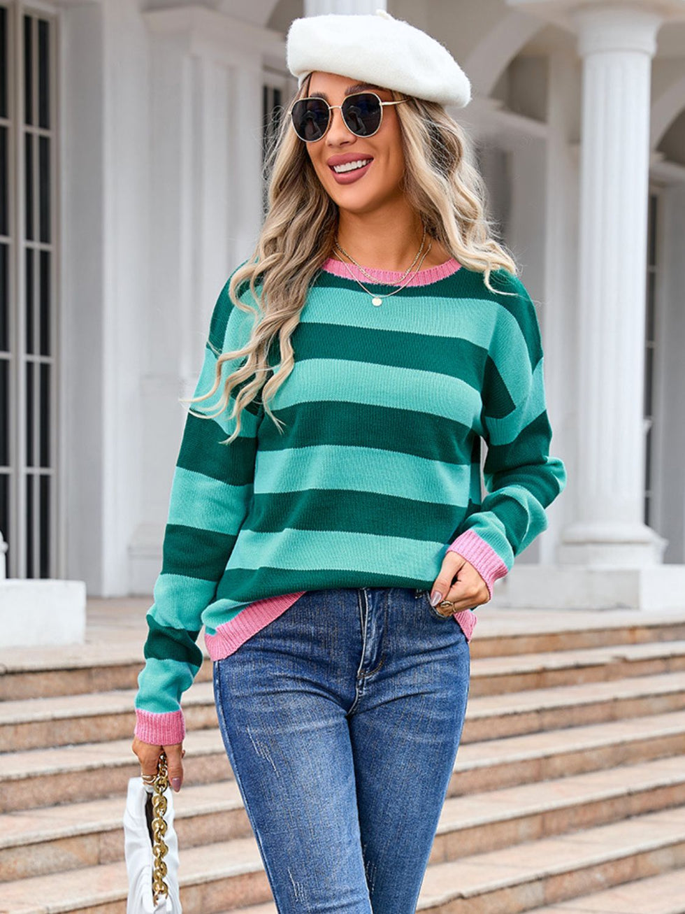 Striped Round Neck Dropped Shoulder Sweater – Charming Charlie