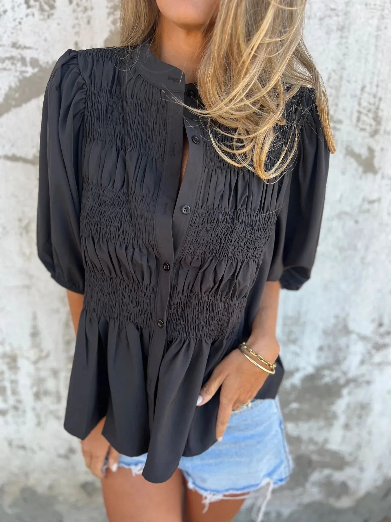 Full Size Smocked Puff Sleeve Blouse Plus Size – Charming Charlie
