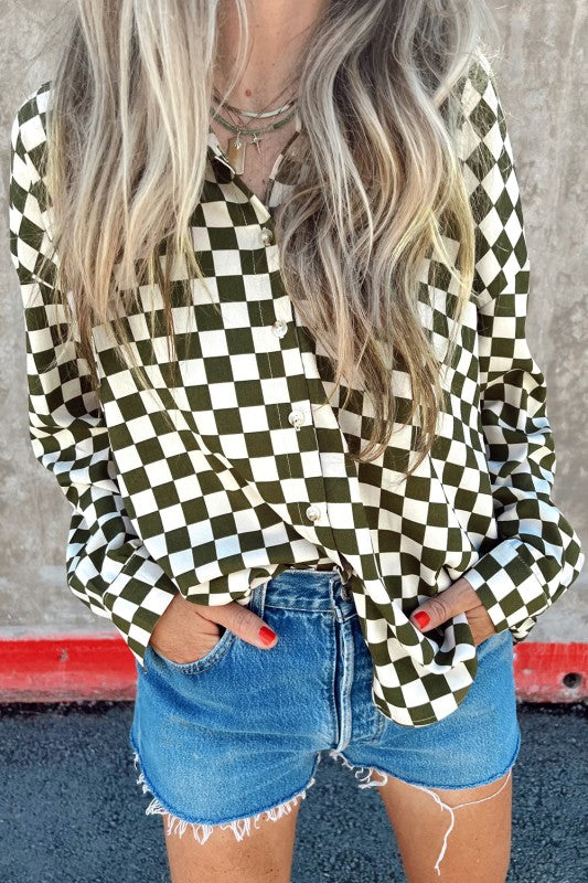 Checkerboard Drop Shoulder Loose Casual Blouse – Charming Charlie