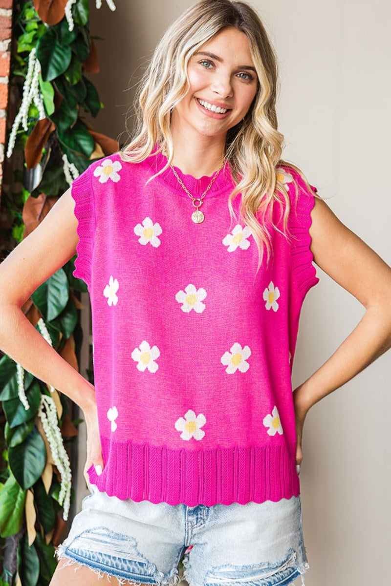 First Love Full Size Flower Pattern Round Neck Sweater Vest – Charming ...