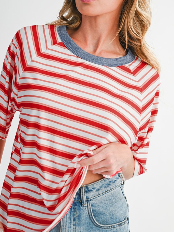 Red Striped Raglan Sleeve Contrast Neck T-Shirt – Charming Charlie