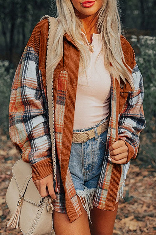 Plaid Corduroy Patchwork Chest Pocket Shacket – Charming Charlie