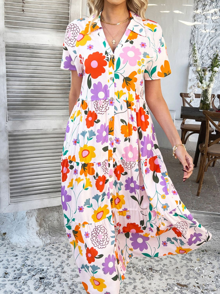 Devine Printed Johnny Collar Button Down Short Sleeve Midi Shirt Dress ...