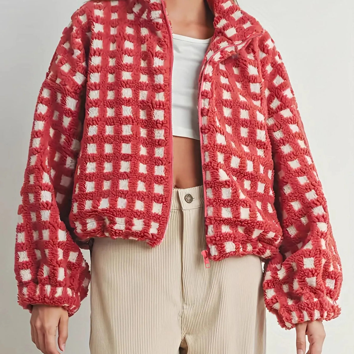 Fleece Checkered Puff Sleeve Bomber Jacket – Charming Charlie