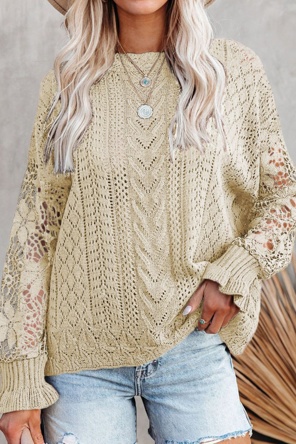 Openwork Round Neck Long Sleeve Sweater – Charming Charlie
