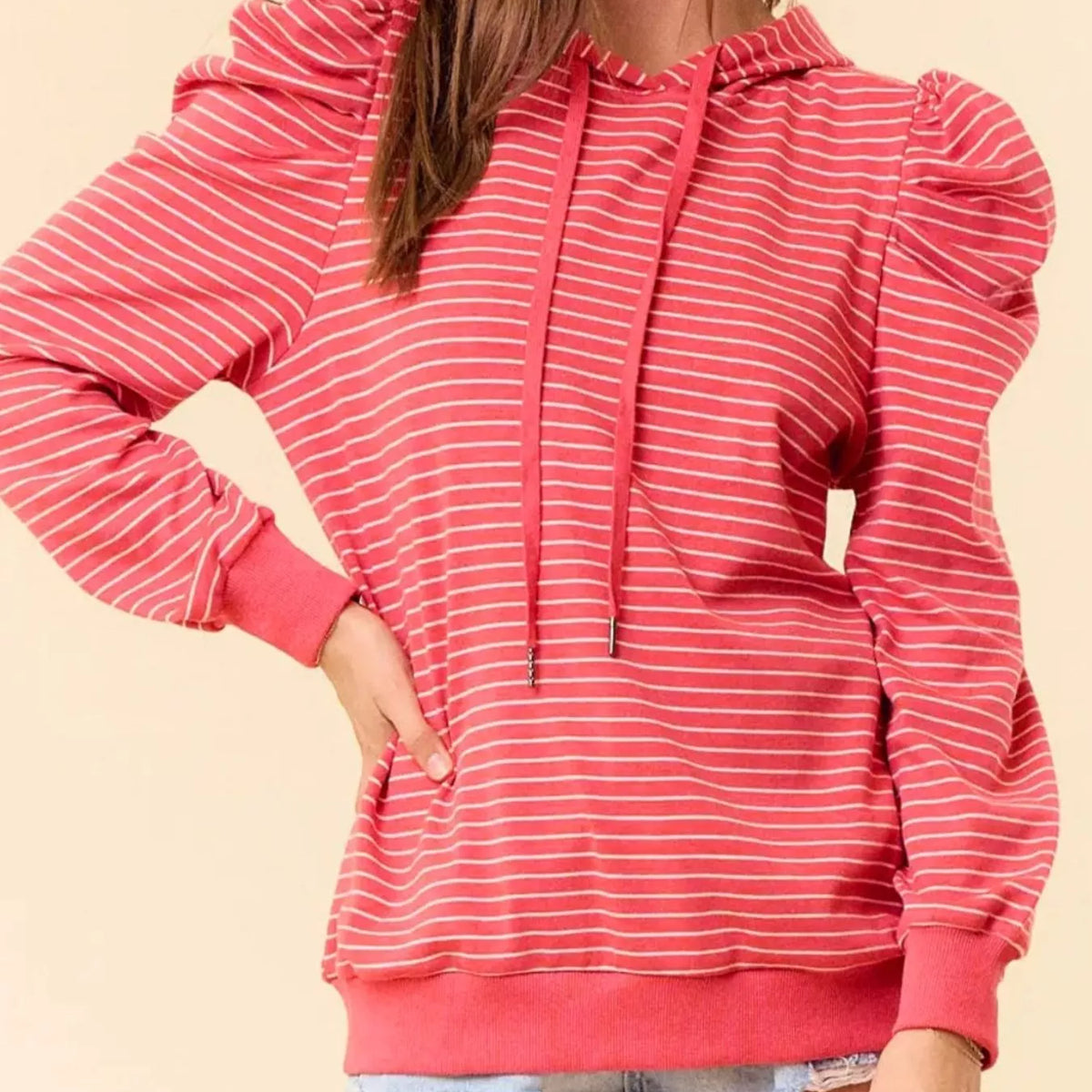 Striped Puff Sleeve Hoodie with Drawstring – Charming Charlie