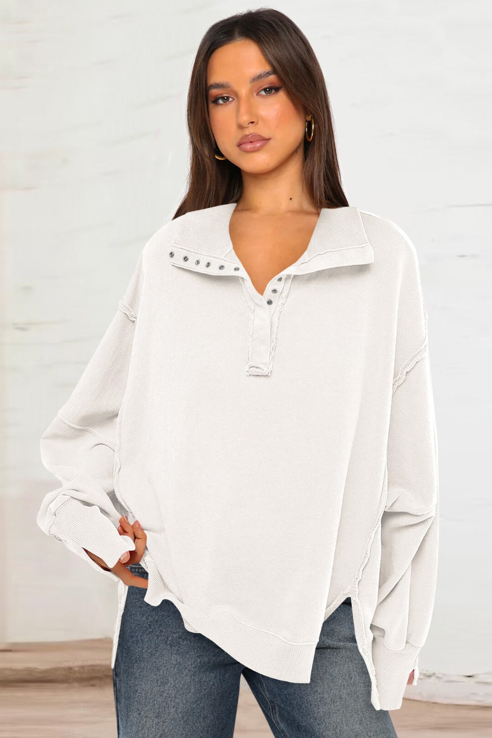 Exposed Seam Side Slit Long Sleeve Sweatshirt – Charming Charlie