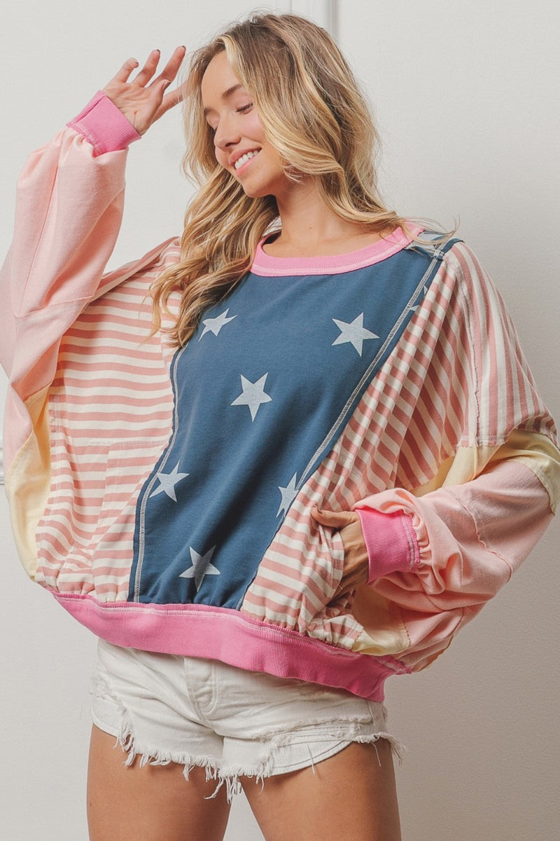 BiBi Stars and Stripes Round Neck Long Sleeve Top – Charming Charlie