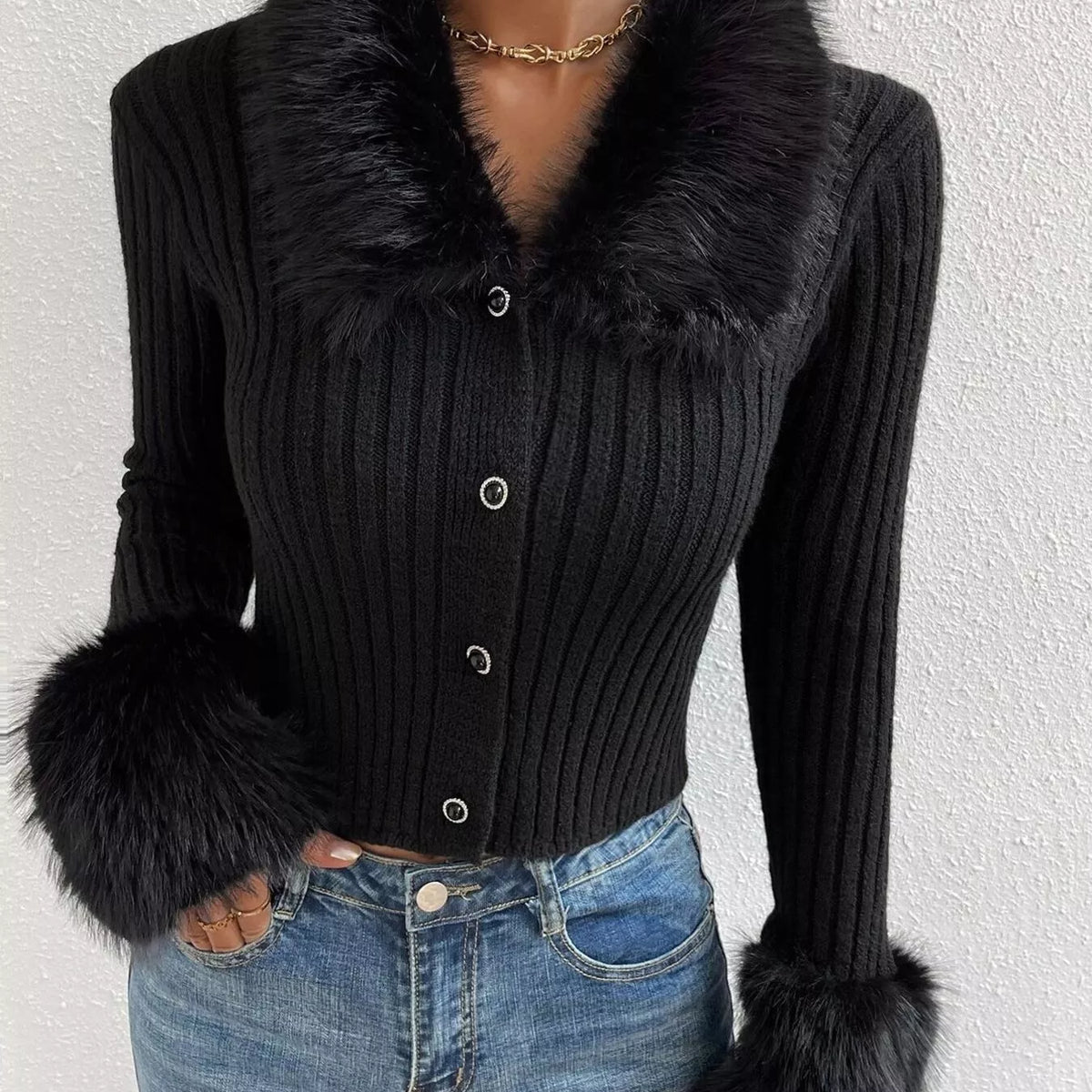 Faux Fur Trim Ribbed Knit Cropped Cardigan – Charming Charlie