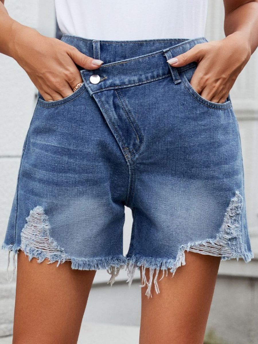 Distressed Raw Hem Asymmetric Waist Denim Shorts – Charming Charlie