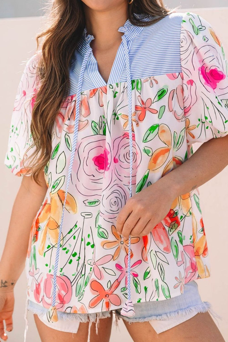 Floral Striped Yoke Frilled Tie Neck Puff Short Sleeve Blouse ...