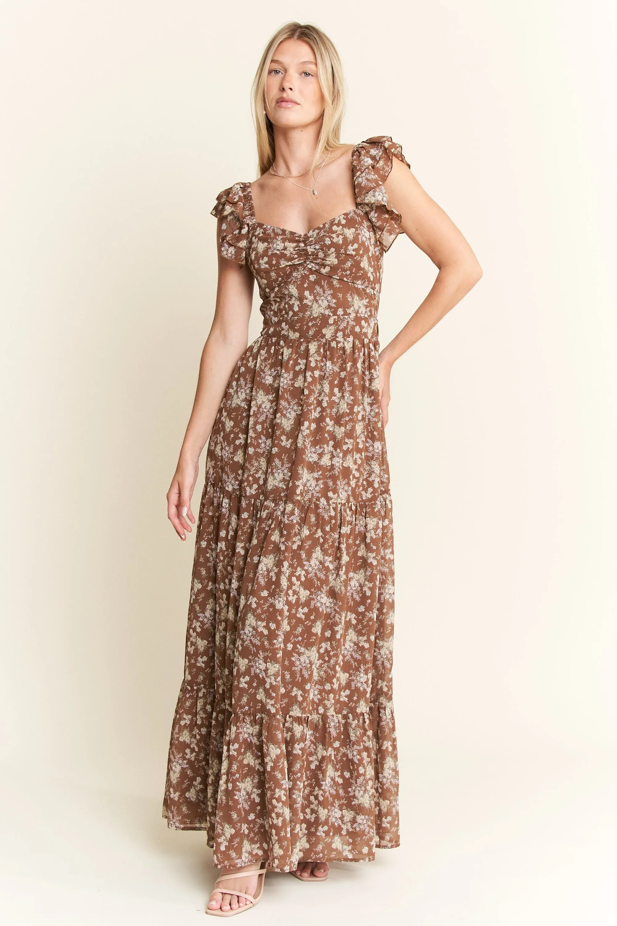 Jade By Jane Ruffle Sleeve Tiered Maxi Dress – Charming Charlie