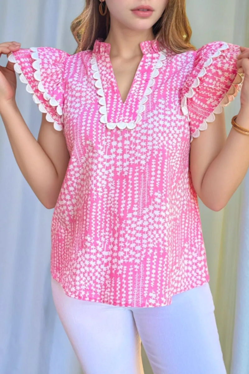 Abstract Print Ric Rac Trim Flutter Sleeve Notched Blouse – Charming ...
