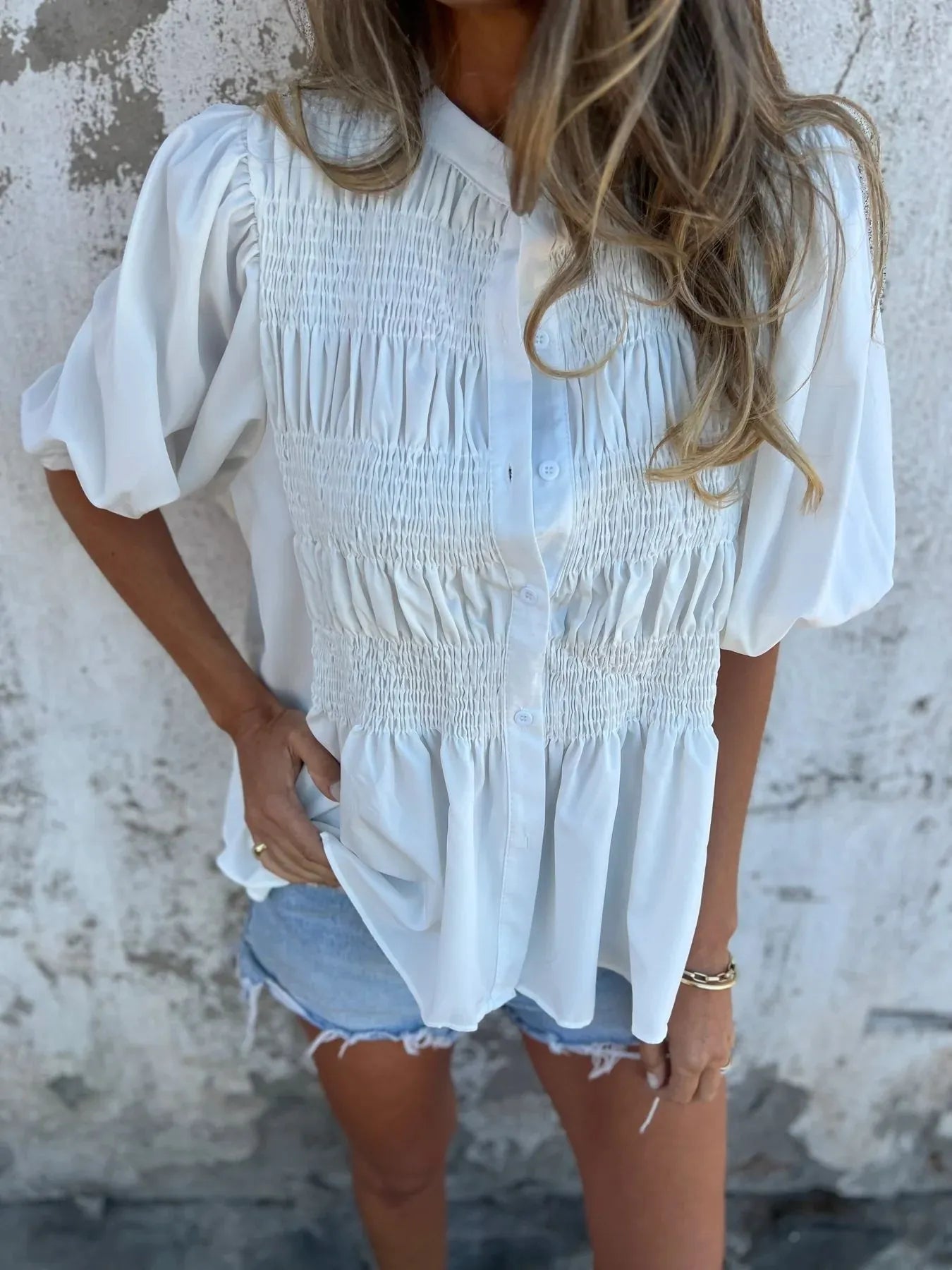 Full Size Smocked Puff Sleeve Blouse Plus Size – Charming Charlie