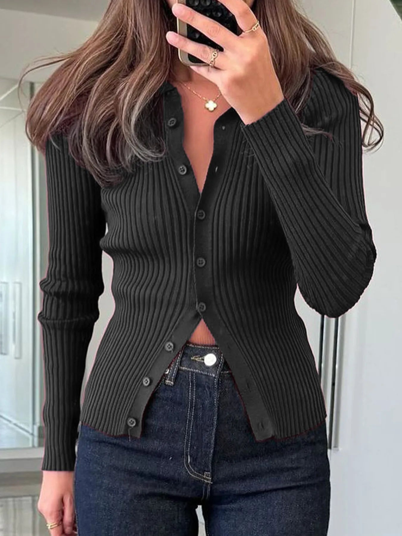 Ribbed Button-Front Long Sleeve Cardigan – Charming Charlie