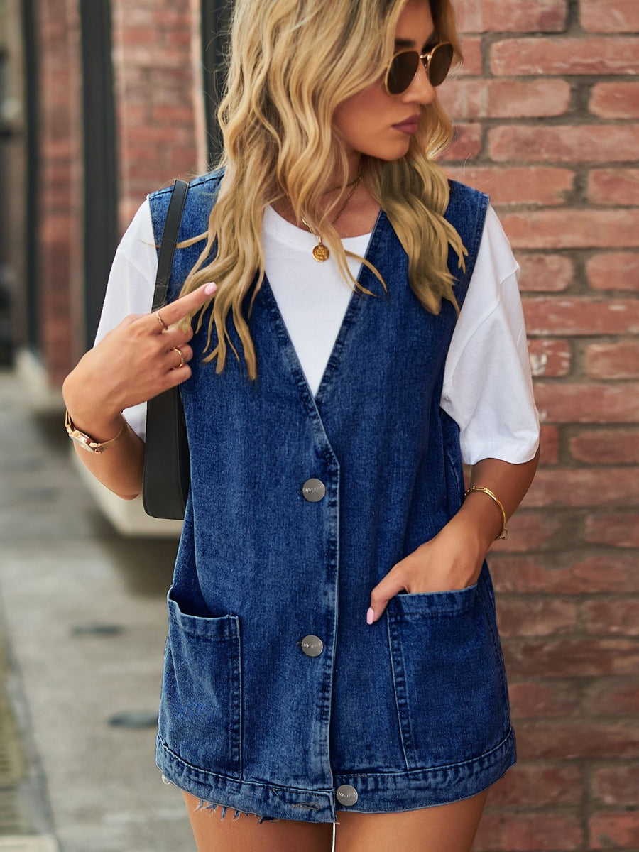 Full Size V-Neck Button Up Denim Vest – Charming Charlie