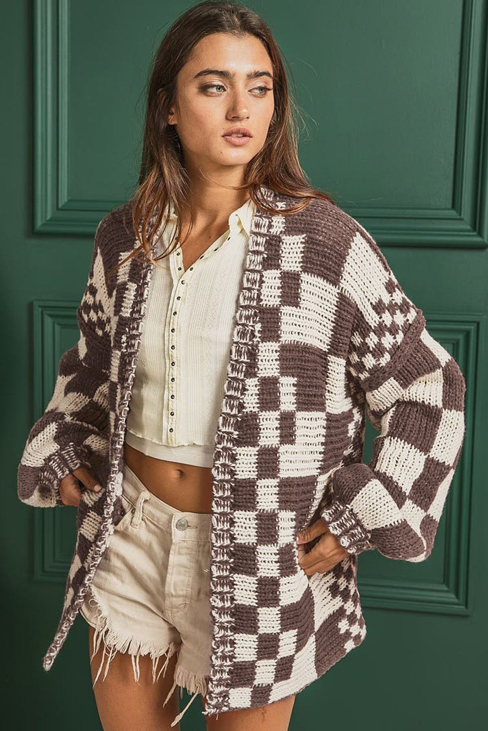 Checkered Open Front Long Sleeve Cardigan – Charming Charlie