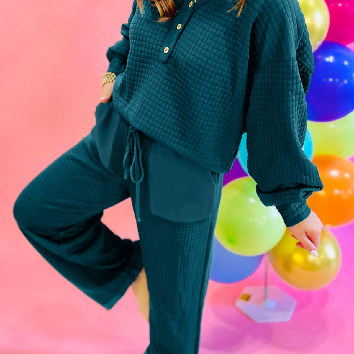 Waffled Textured Raw Edge Patchwork Top and Pants 2pcs Set – Charming ...