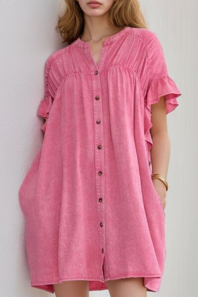 Ruffled Short Sleeve Buttoned Denim Mini Dress – Charming Charlie