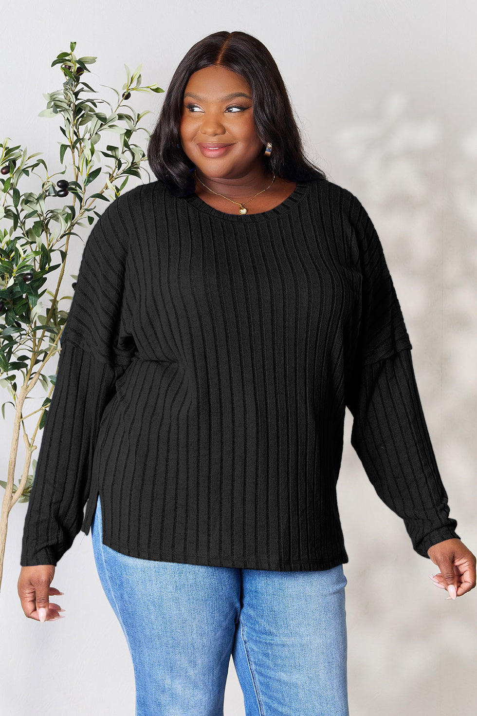 Basic Bae Full Size Ribbed Round Neck Slit Knit Top – Charming Charlie