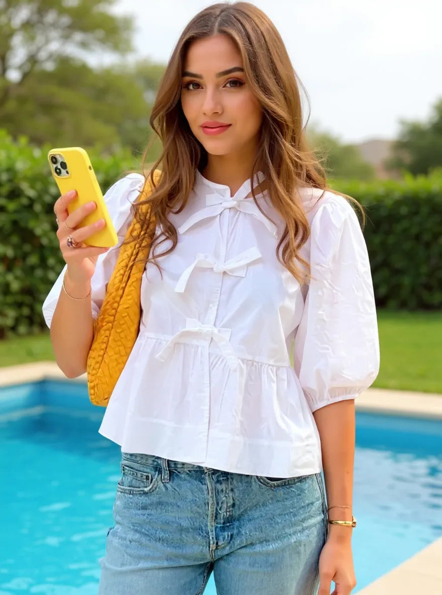 Puff Sleeve Bow Tie Blouse – Charming Charlie