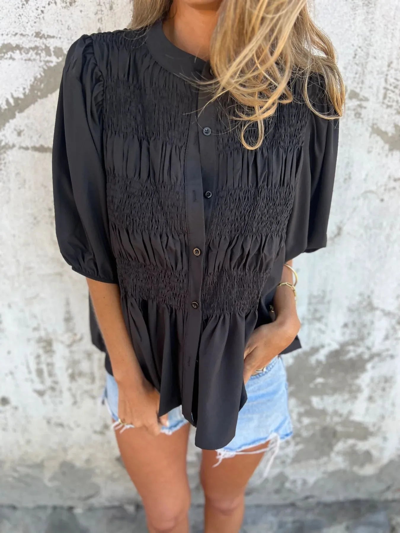 Full Size Smocked Puff Sleeve Blouse Plus Size – Charming Charlie