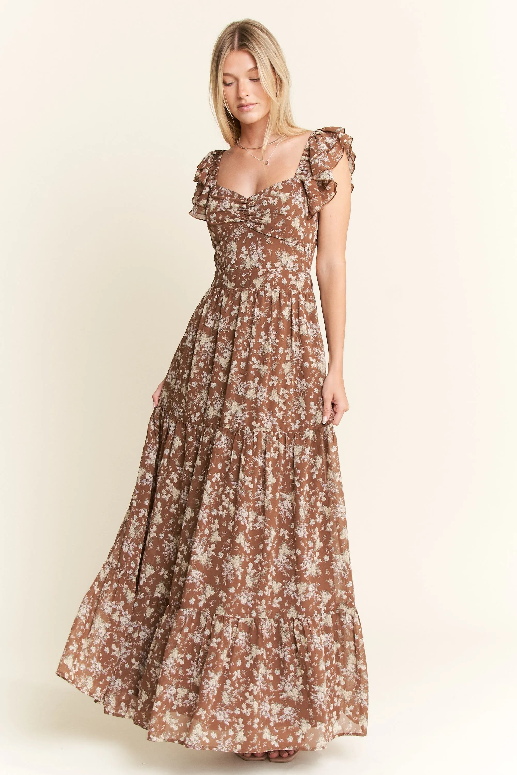 Jade By Jane Ruffle Sleeve Tiered Maxi Dress – Charming Charlie