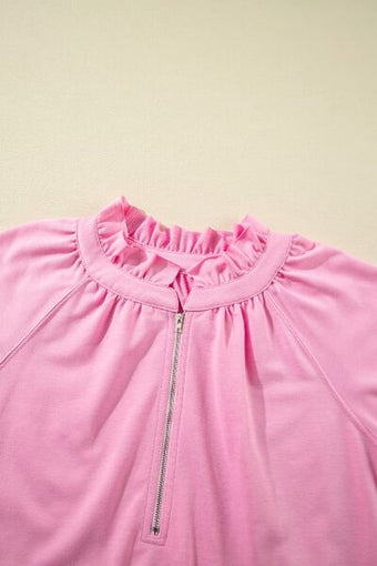 Half Zip Puff Sleeve Top and Ruffled Shorts Set – Charming Charlie