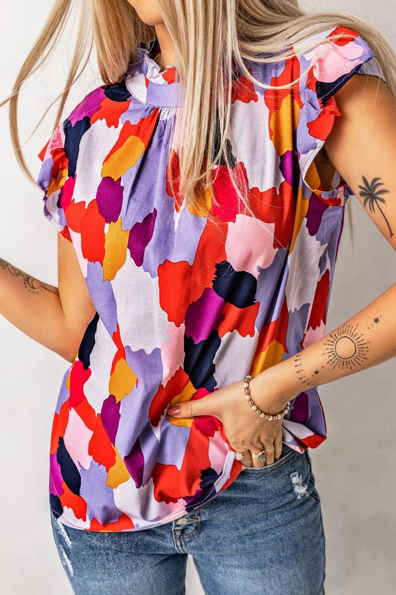 Frill Printed Mock Neck Cap Sleeve Blouse – Charming Charlie