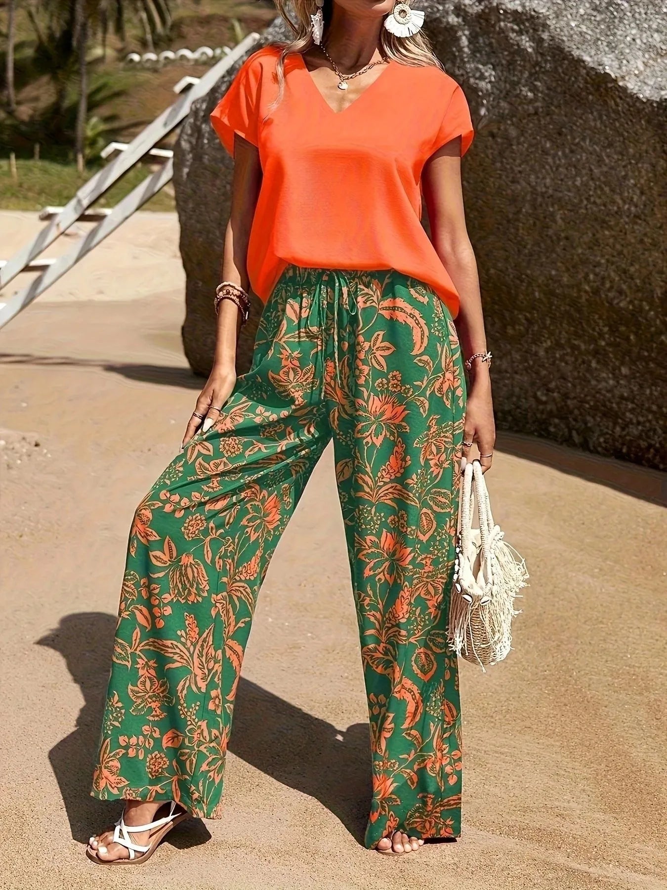 V-Neck Top and Summer Beach Floral Print Pants Two-Piece Set – Charming ...