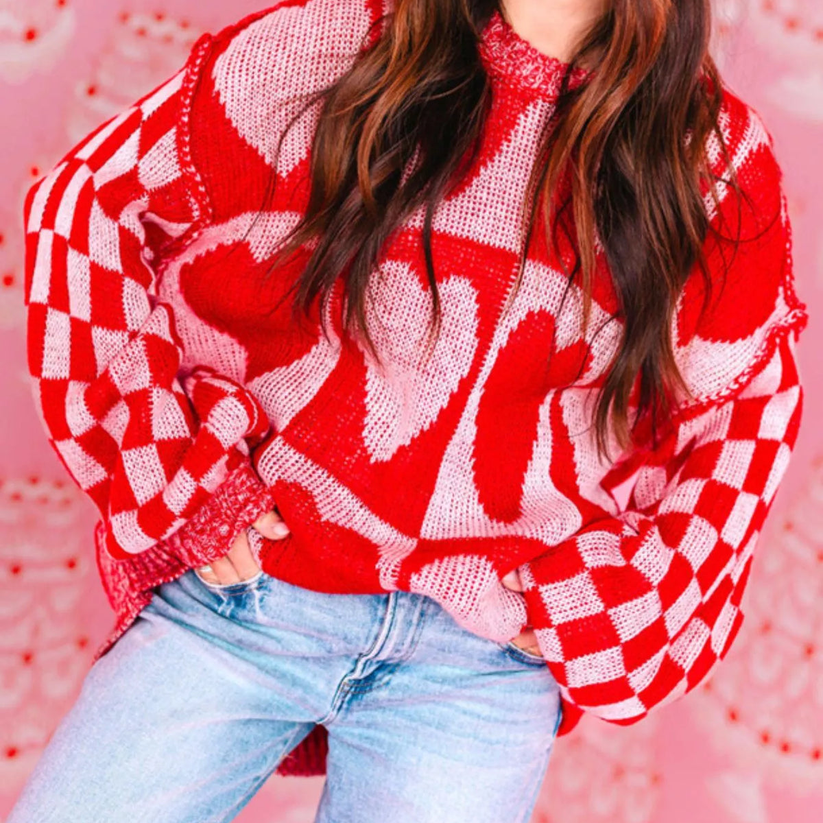 Heart Pattern Checkerboard Knit Sweater – Charming Charlie