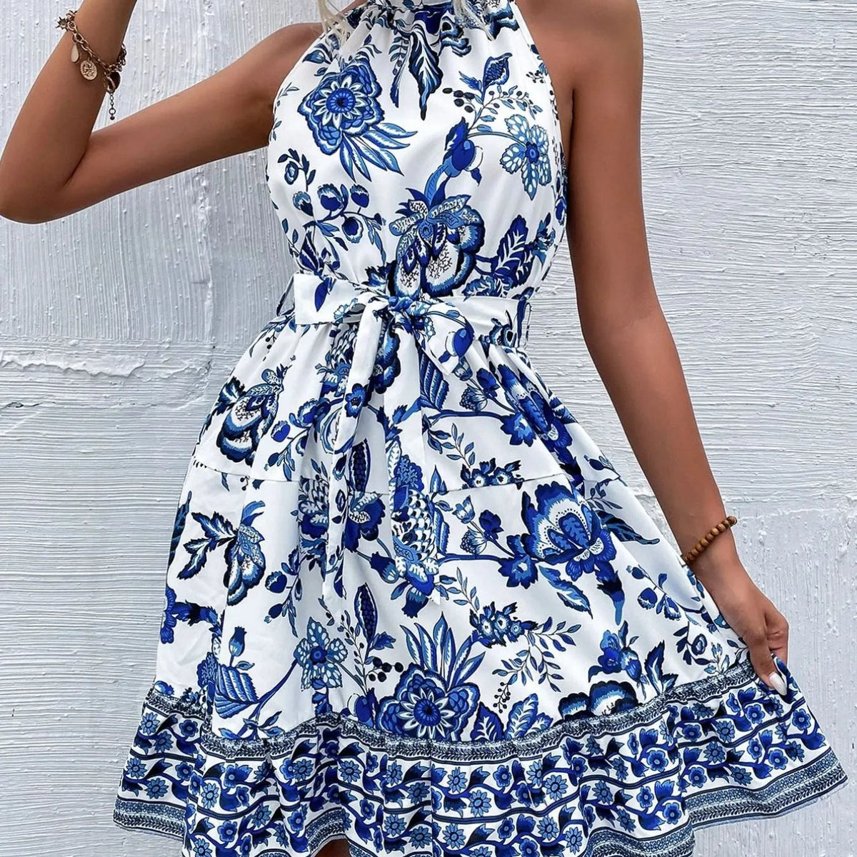 Floral Halter Neck Summer Dress with Belt – Charming Charlie