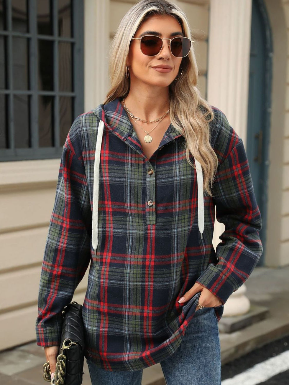 Drawstring Plaid Hooded Long Sleeve Top – Charming Charlie