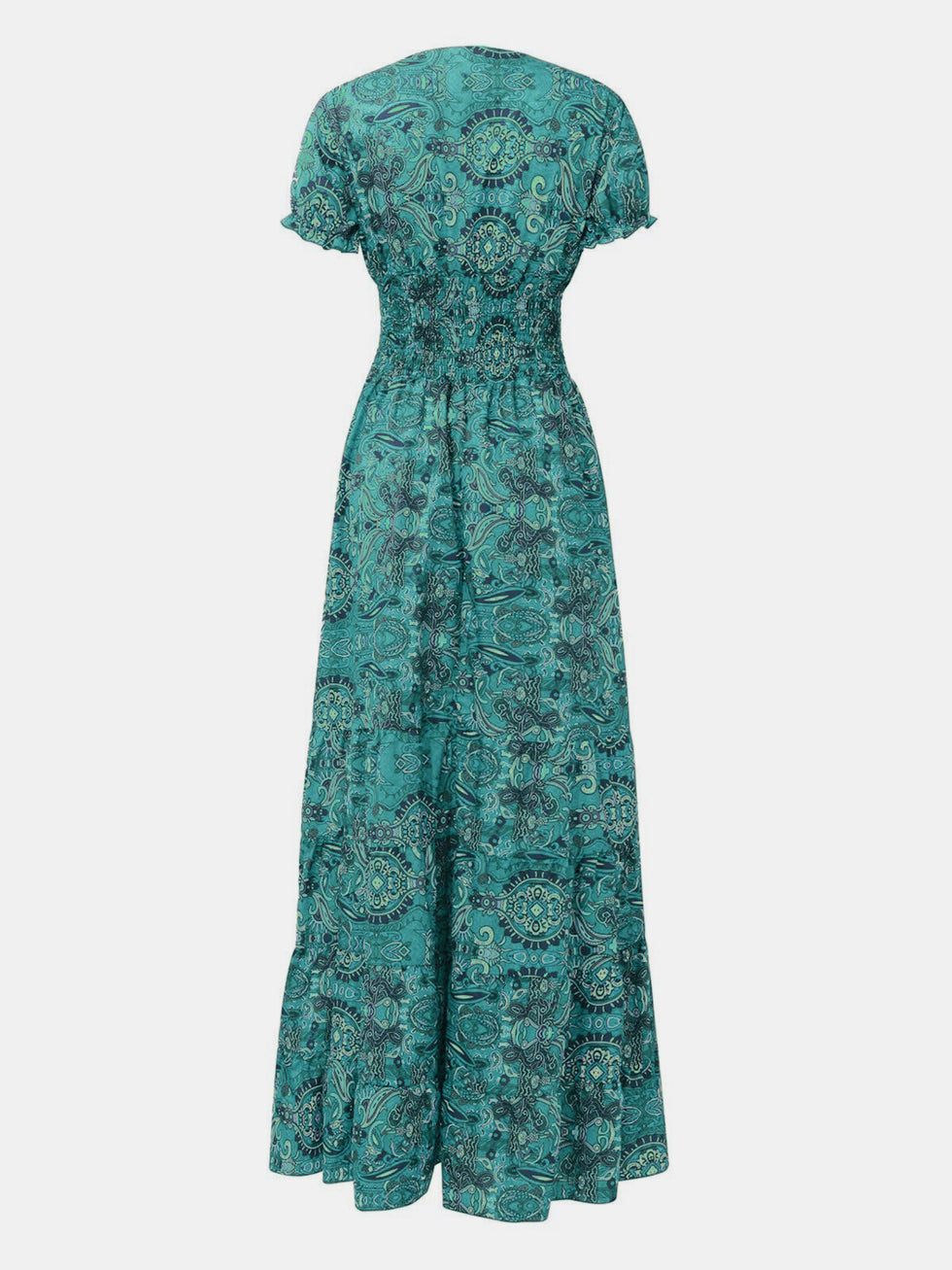 Full Size Smocked Printed V-Neck Short Sleeve Dress – Charming Charlie