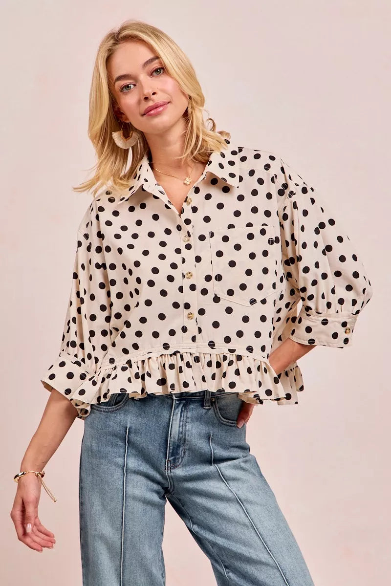 BiBi Polka Dot Printed Peplum Top with Front Button – Charming Charlie