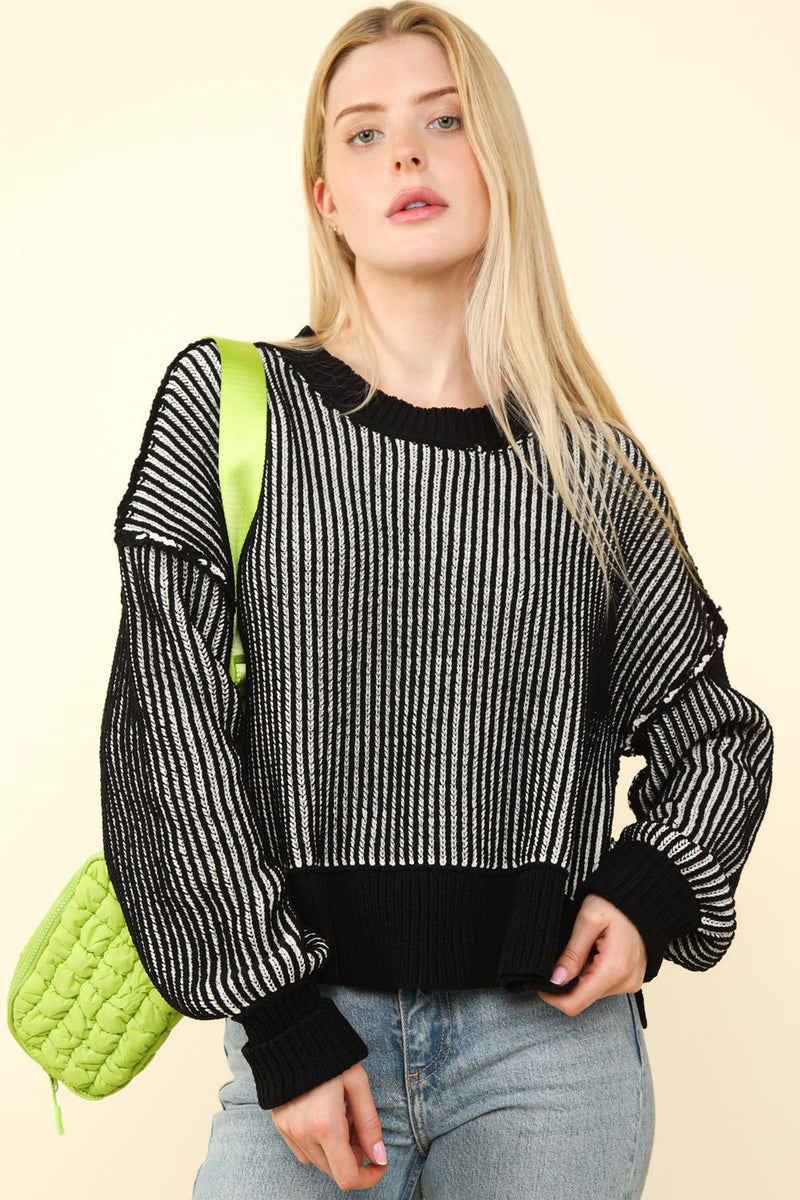 VERY J Exposed Seam Cropped Striped Slit Sweater – Charming Charlie