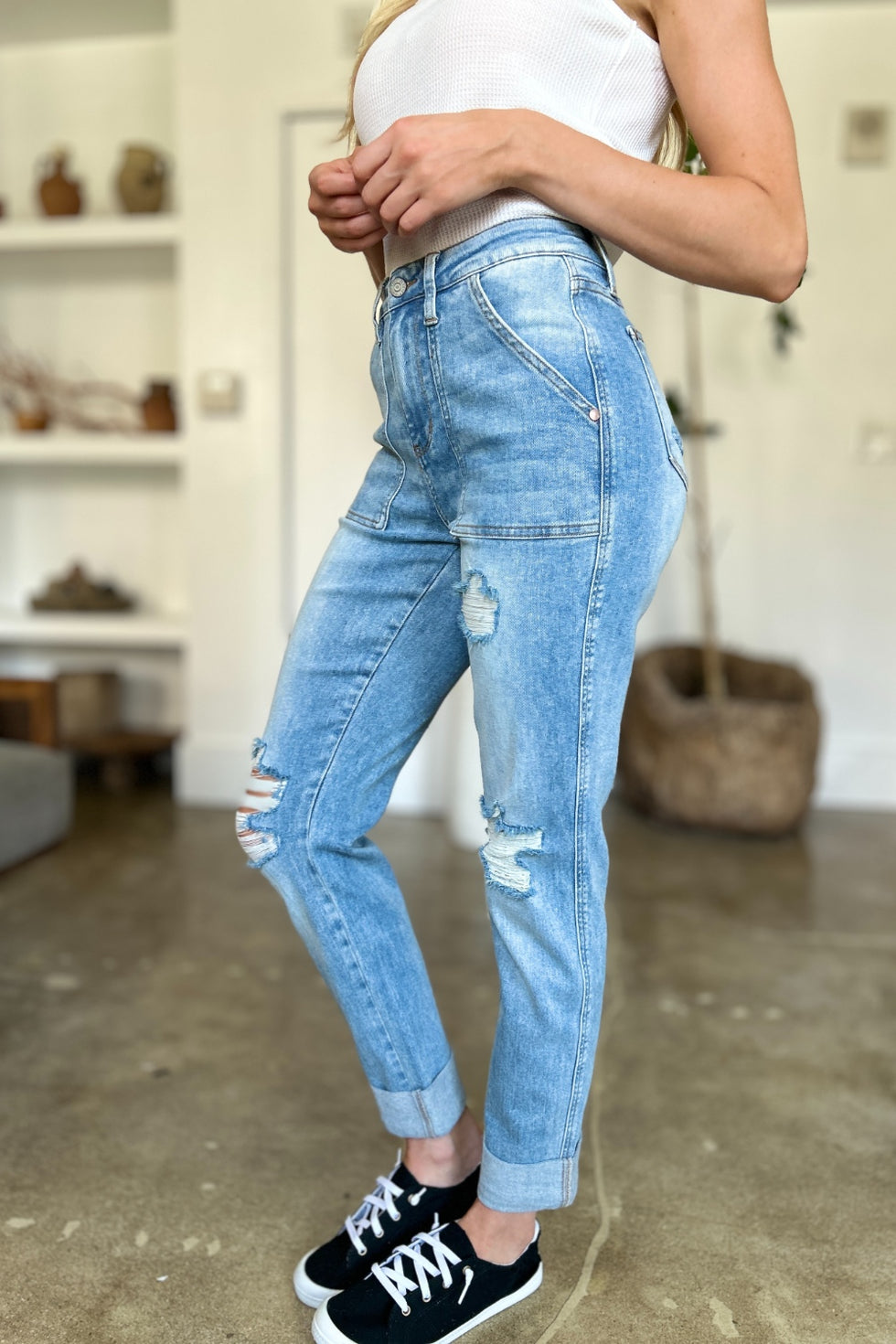 Judy Blue Full Size Distressed Straight Jeans with Patch Pockets ...
