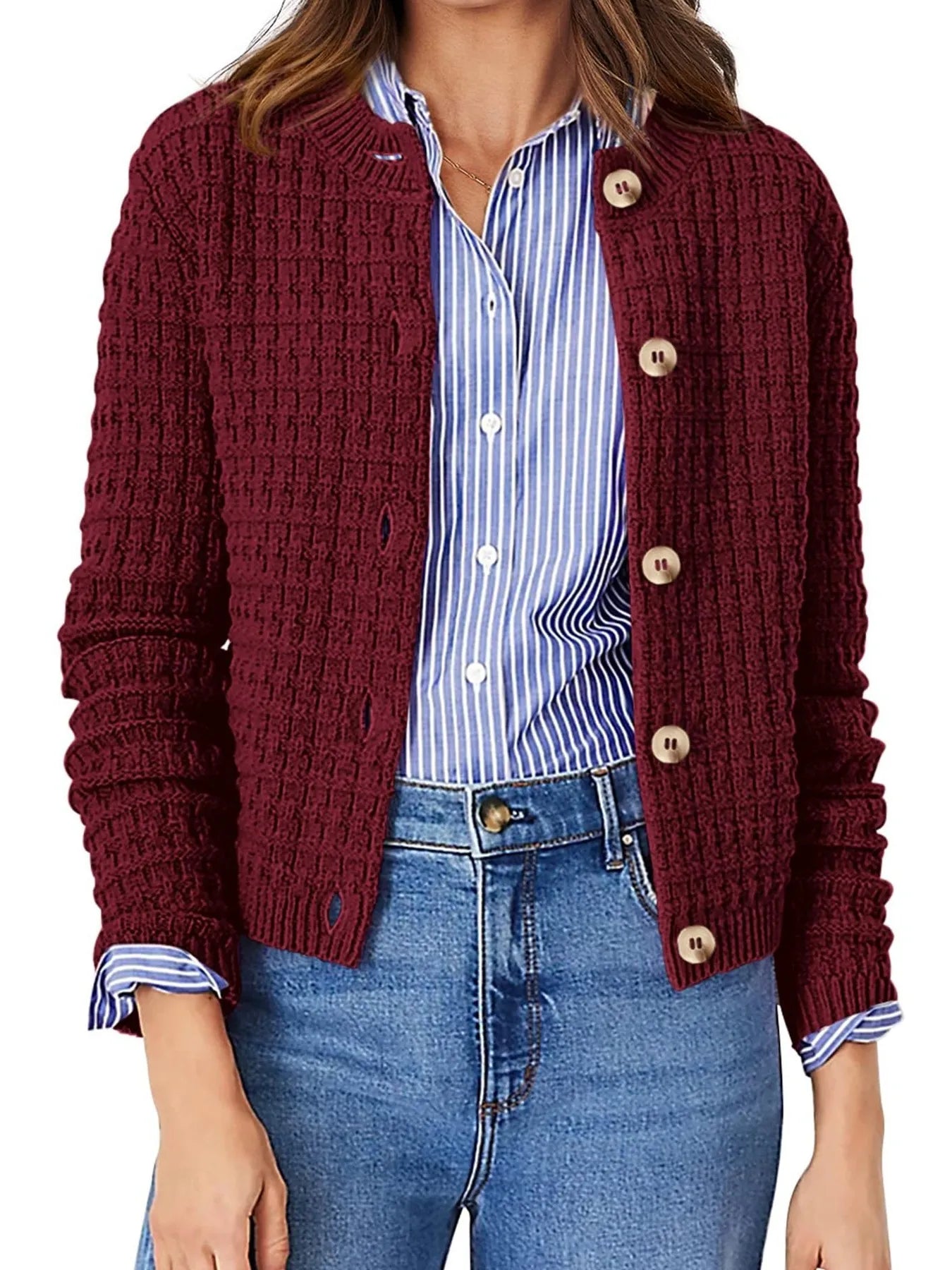 Textured Knit Button-Front Cardigan – Charming Charlie