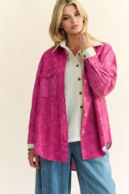 Davi & Dani Curved Hem Diamond Quilted Button Up Denim Shacket ...