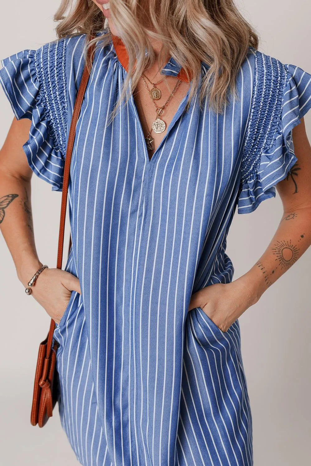 Stripe Frilly Split Neck Shirred Ruffle Sleeve Short Shift Dress ...